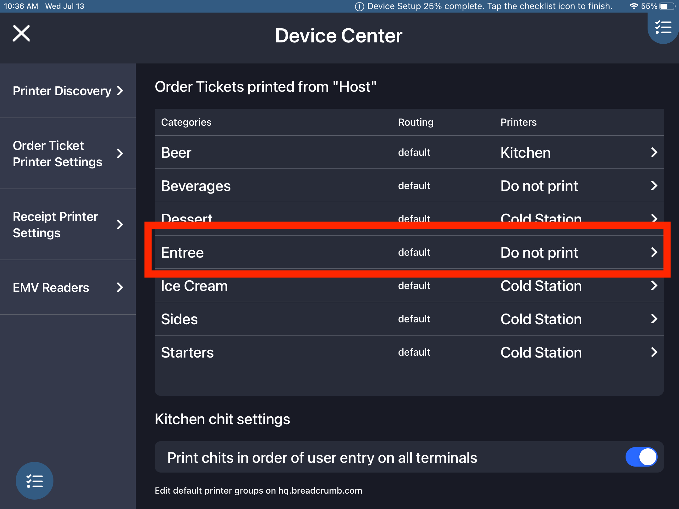 Chit Print Settings, Printer Routing & Change Tickets Support Center